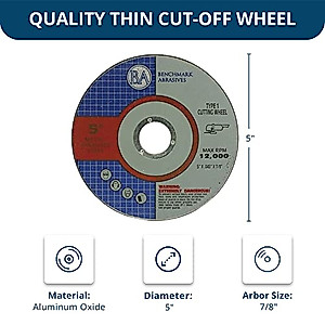 Benchmark Abrasives 5" Aluminum Oxide Quality Thin Cut Off Wheel for Metal and Stainless Steel 0.045" Thick 7/8" Arbor, Angle Grinder Wheel, Fast Burr-Free Cutting Wheel - 50 Pack