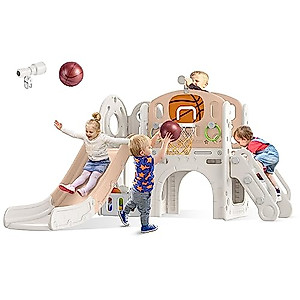 BIERUM 9 in 1 Toddler Slide, Kid Slide for Toddlers Age 1-3 with Ring Toss, Basketball Hoop, and Telescope, Indoor Outdoor Slide Toddler Playset Toddler Playground