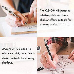 Nicpro 6PCS Art Mechanical Pencils Set, 3 PCS Metal Drafting Pencil 0.5 mm & 0.7 mm & 0.9 mm & 3 PCS 2mm Graphite Lead Holder (2B HB 2H) For Writing, Sketching Drawing With 12 Tube Lead Refills Case