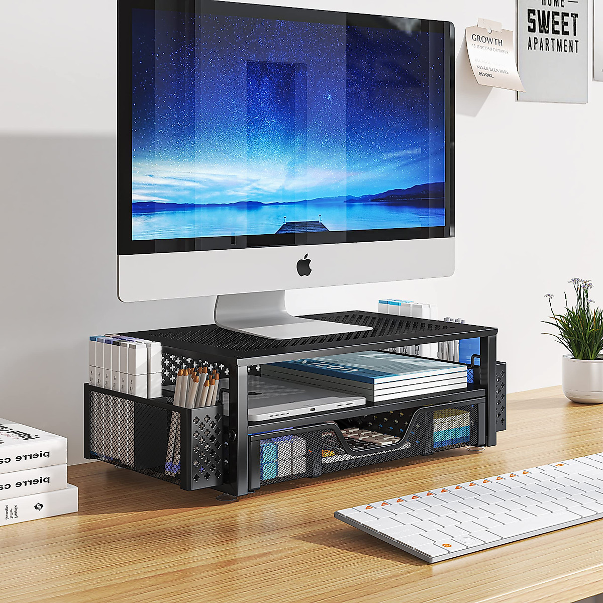 Simple Trending 2 Tier Metal Monitor Stand Monitor riser and Computer Desk Organizer with Drawer and Pen Holder for Laptop, Computer, iMac, Black
