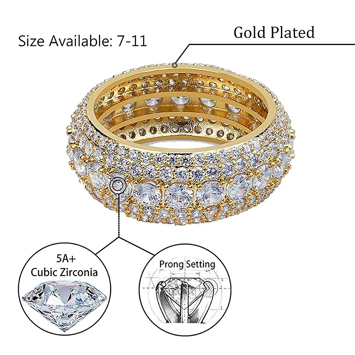 Apzzic 10mm Iced Out Gold Plated 5 Row Cubic Zirconia Diamond Hip Hop Eternity Band Engagement Ring for Men Women Gold Size 9