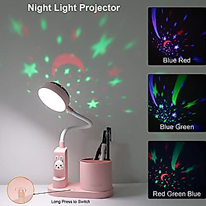 Kids Cute Kawaii Desk Table Lamp, Rechargeable Mini Portable Aesthetic Desk Lamp Desk Light with Star Projection & Pen Holder, Kawaii Desk Accessories for Kids Reading Home, Dorm as Best Gift.