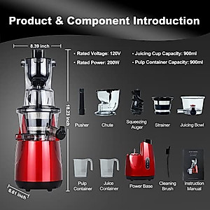 LynTorin Cold Press Juicer Machine, Slow Juicer Cold Press with 3.2" Wide Feed Chute, 200W Slow Masticating Juicer Machine for Vegetable and Fruit, Juicer Machine for Home Use with Brush, Easy to Clean