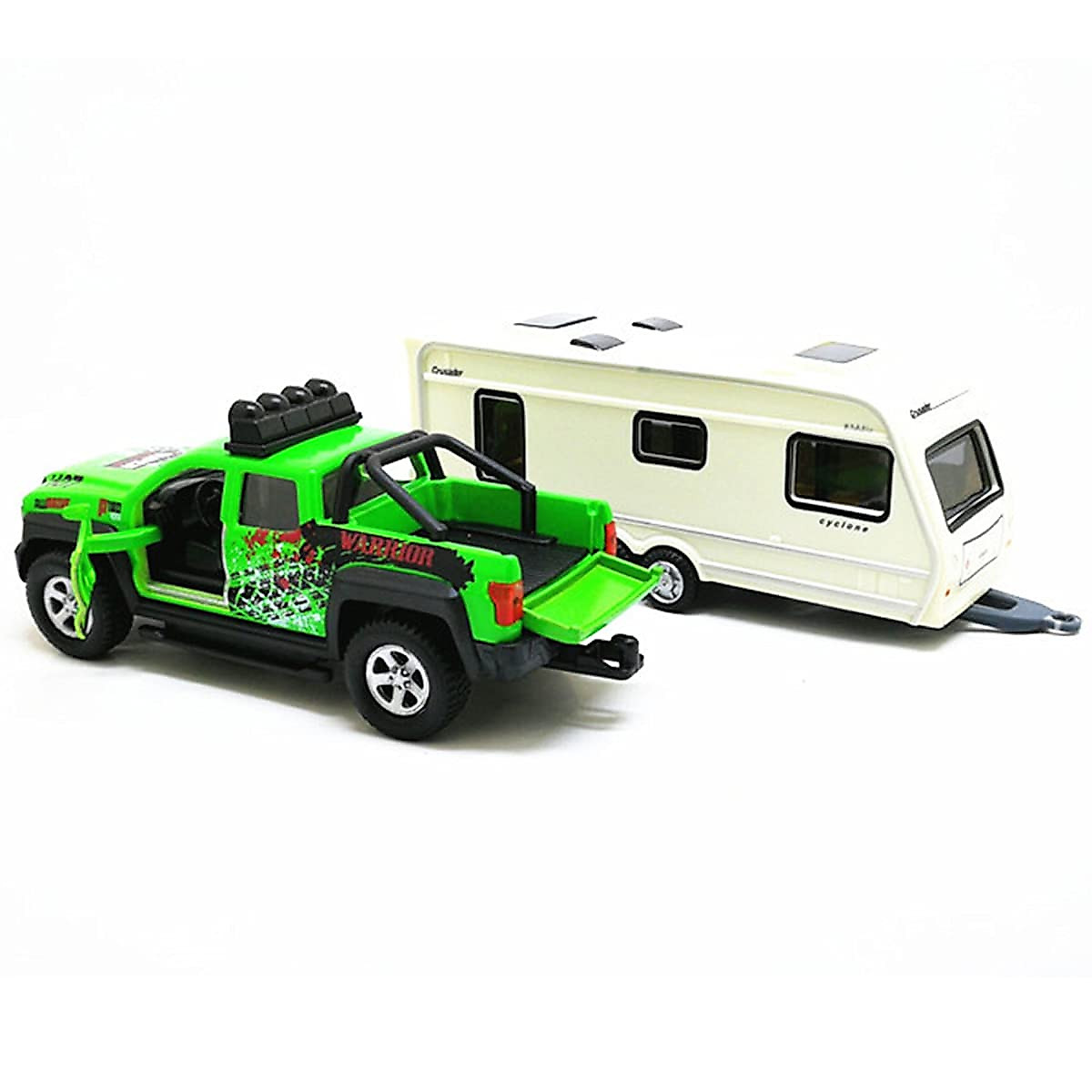 Pickup Truck Trailer Towing Toy Camper 2 in 1 Playset RV Motorhome Toys for Boys Diecast Model Car Metal Pull Back Toy Cars 1/36 Scale SUV Doors Open Light Sound Kids Birthday Gifts, Green