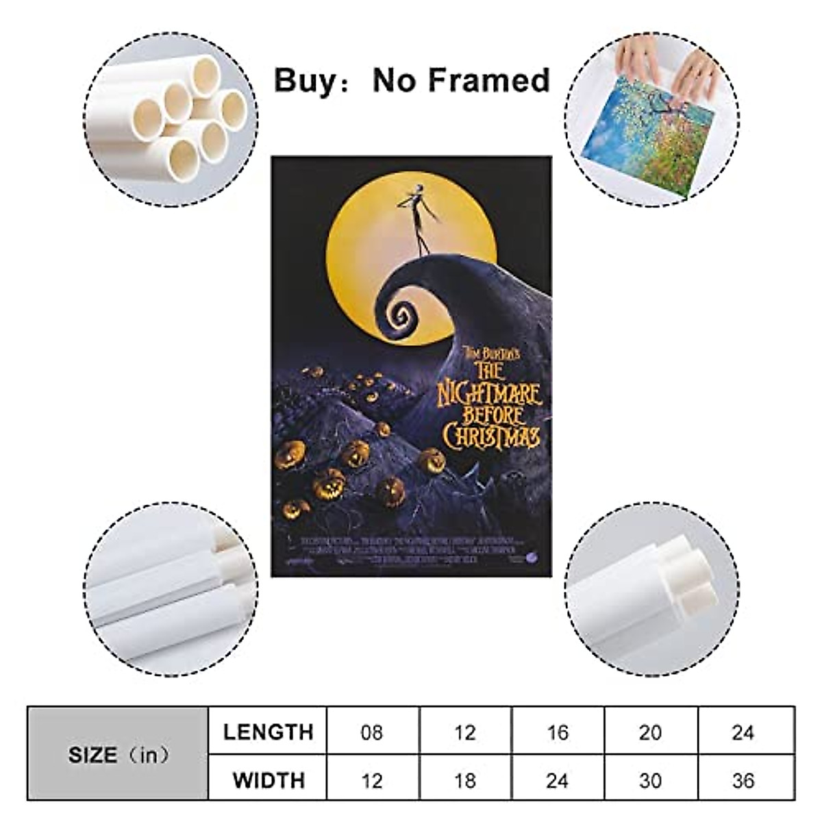 Movie Poster Tim Burton's The Nightmare Before Christmas Canvas Poster Wall Art Decor Print Picture Paintings for Living Room Bedroom Decoration No Frame 12x18inch(30x45cm), White