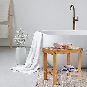 VaeFae Bamboo Spa Bench Wood Seat Stool Foot Rest Shaving Stool with Non-Slip Feets Storage Shelf for Shampoo Towel,Works in Bathroom/ Living Room/ Bedroom/Garden Leisure