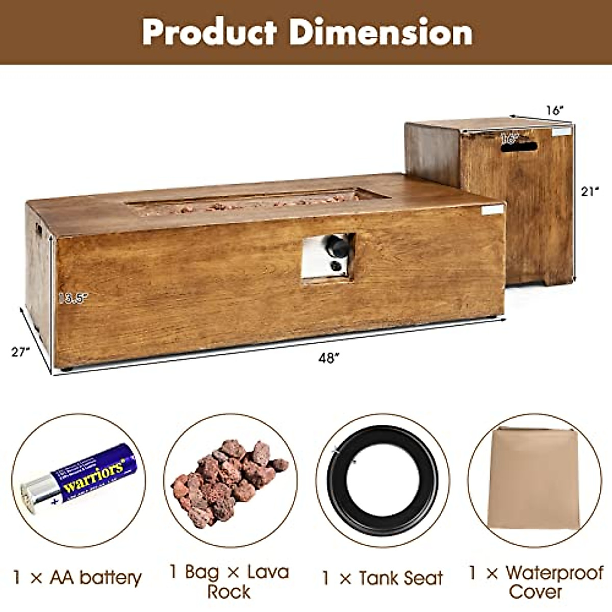 Tangkula 2 Pieces Outdoor Propane Fire Pit Table Set, Patiojoy 48 Inch Rustic 50,000 BTU Rectangular Gas Fire Pit Table with 20 lbs Tank Side Table, Lava Rocks, Cover for Patio, Garden, Yard