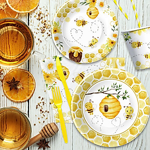 YJRJSC Bee Baby Shower Decorations Paper Plates And Napkins Party Supplies - Bee Birthday Party Decorations Tableware, Plate, Cup, Napkin, Fork, Bumble Theme Bee Day Decorations Dinnerware | Serves 24