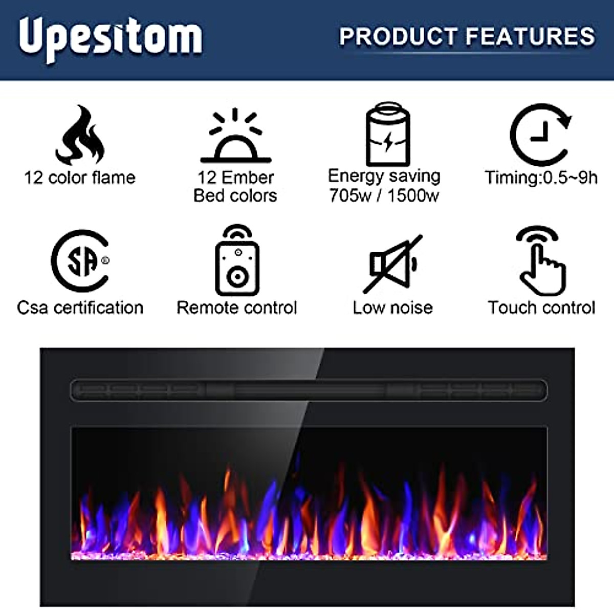 Upesitom 50" Electric Fireplace Insert Recessed & Wall Mounted, 750/1500W Linear Electric Fireplace Insert with 12 Adjustable Flame Colors, Bracket, Timer, Remote Control