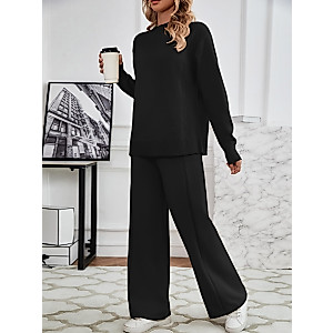 SuperPrity Lounge Sets for Women Two Piece Outfits Knit Sweater Top Wide Leg Pants Matching Sets Sweatsuits 2024 Fall Fashion-L,Black