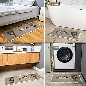 AQQA Kitchen Mat, Anti Fatigue Rooster Buffalo Plaid Sunflower Farmhouse Rugs, Waterproof & Non-Slip PVC Leather Floor Mat for Kitchen, Sink, Office, Laundry, Set of 2 (Brown, 17"x27"+17"x47")