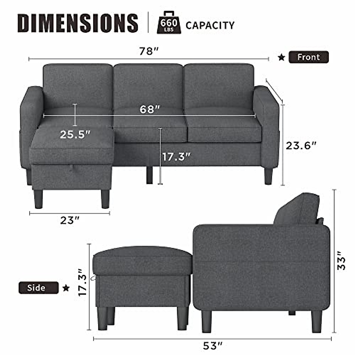 Sectional Sofa Couch Convertible L-Shaped Couches with Storage Ottoman Dark Grey 3 Seater Modern Linen Fabric Futon Sleeper Furniture Set for Living Room Apartment Loft Small Spaces