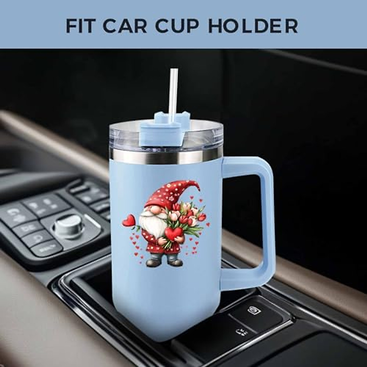 LB LEOBON 40 ounce insulated cup with handle, double-layer vacuum stainless steel material, equipped with straw, can keep warm or maintain cold drinks Gnome Love Bouquet Q wathet