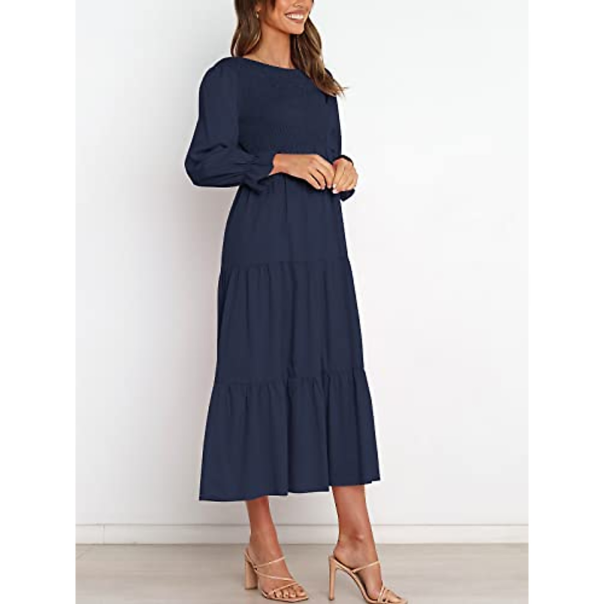 LOGENE Womens Round Neckline Shirred Bodice Maxi Dress Tiered Panel Skirt-6L55-zanglang-M Navy Blue