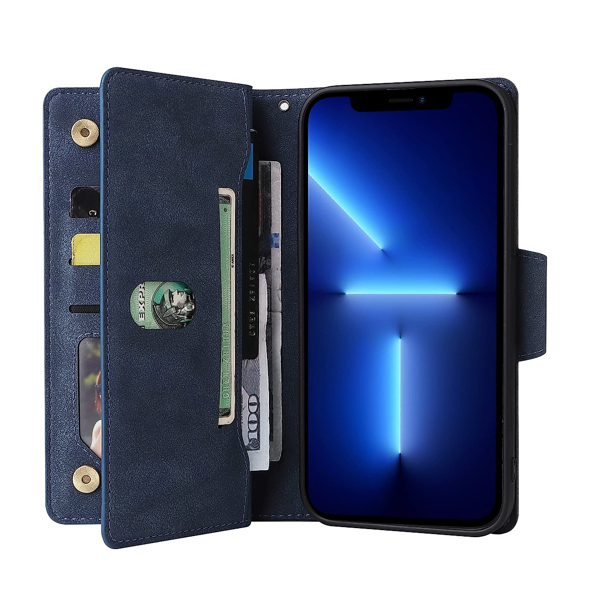 QDSKY iPhone 13 Pro Max Cases, iPhone 13 Pro Max Wallet Case for Women with 9 Card Holders & Kickstand & Strap PU Leather Flip Case for iPhone 13 Pro Max 6.7, Blue