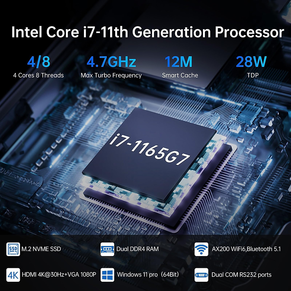 Kinupute Industrial Mini PC, Fanless Desktop Computer i7-1165G7 Windows 10 Pro, 16G DDR4, 256G SSD, 2xCOM, HDMI/VGA Port, 4K, Gigabit Ethernet, BT4.0/2.4G+5G WiFi for Industry Office HTPC, Metal Case