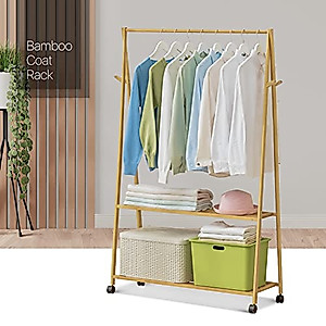 MoNiBloom Bamboo Garment Rack with Wheels Coat Rack Stand Clothes Rack with 2-Tier Storage Rack for Bedroom Living Room Entryway Home Office (Length 37.4", Natural)