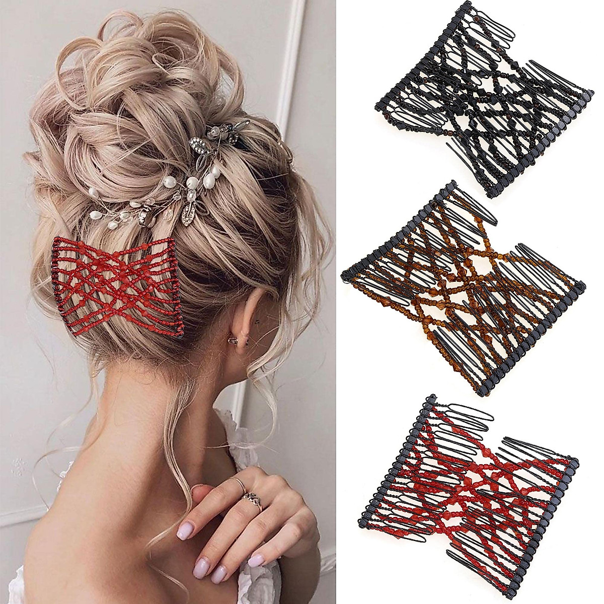 Aethland 6 Pieces Magic Hair Comb Elastic Beaded Hair Clips Women Stretchy Bride Double Slides Hairpins Combs for Women Ladies Girls DIY Hair Styling Accessories