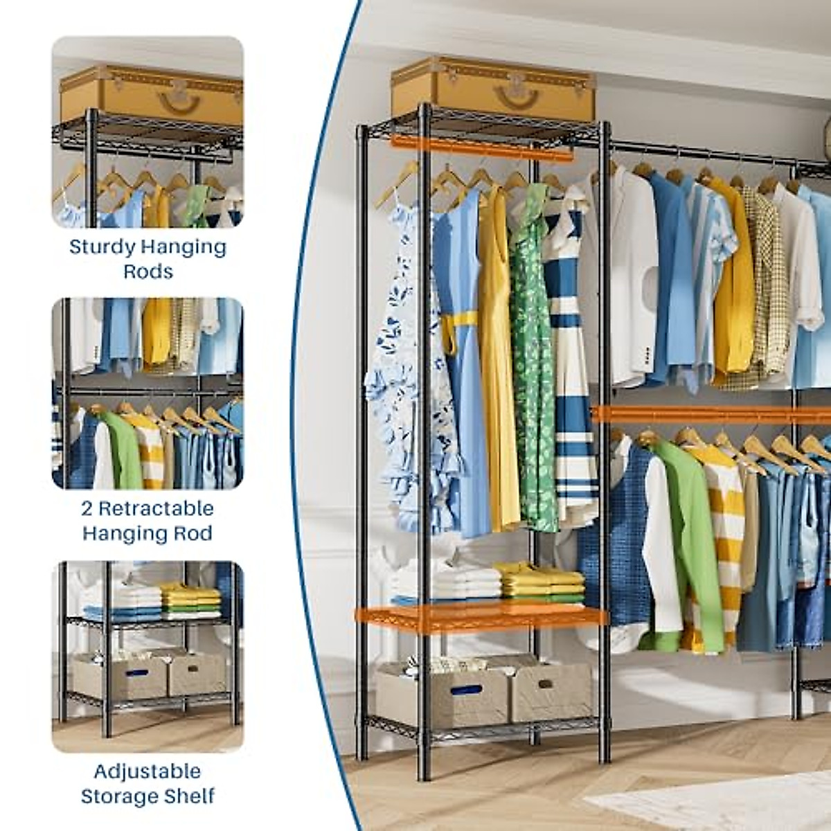 HEMTEN K1 Heavy Duty Clothes Rack Closet, 5 Tiers Adjustable Metal Freestanding Expandable Clothing Storage with 5 Hanger Rods, Easy to Assemble Wardrobe, 78" H x (69.7" - 90") L x 15.7" D, Black