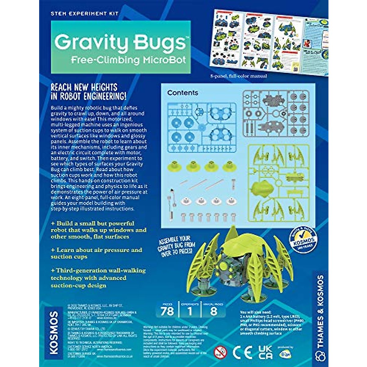 Thames & Kosmos Gravity Bugs Free-Climbing MicroBot | Build a Robotic Wall-Crawling Bug | Explore STEM Lessons in Air Pressure, Suction | Hands-on Physics & Engineering Construction Kit, Blue