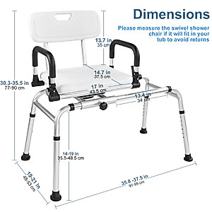 EOSPRIM Sliding Shower Chair Tub Transfer Bench with 360° Swivel Seat, Height Adjustable, Pivoting Arms, 400 Lbs Capacity, for Elderly Disabled and Handicap, Ideal for Bathtubs and Showers (White, L)