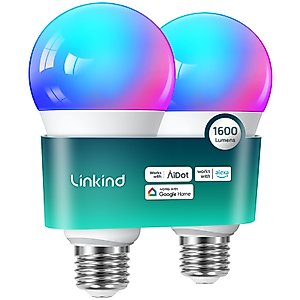 Linkind Smart Light Bulbs, 1600LM (100W Equivalent) Smart Bulb, Work with Alexa & Google Home, RGBTW Color Changing Bulb Music Sync, 2.4GHz Wi-Fi & Bluetooth, LED Alexa Light Bulbs 14W, A21 E26, 2Pack