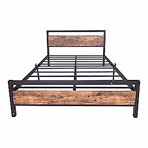 JURMERRY Full Size Metal Bed Frame with Wooden Headboard and Footboard Heavy Duty Steel Mattress Foundation/Rustic Country Style/Easy Assembly,Black