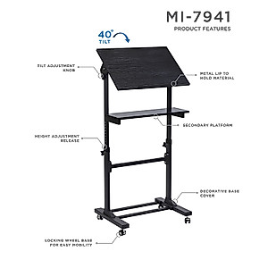 Mount-It! Mobile Stand Up Desk, Portable Podium and Presentation Lectern Height-Adjustable Multi-Purpose Standing Workstation,Black.