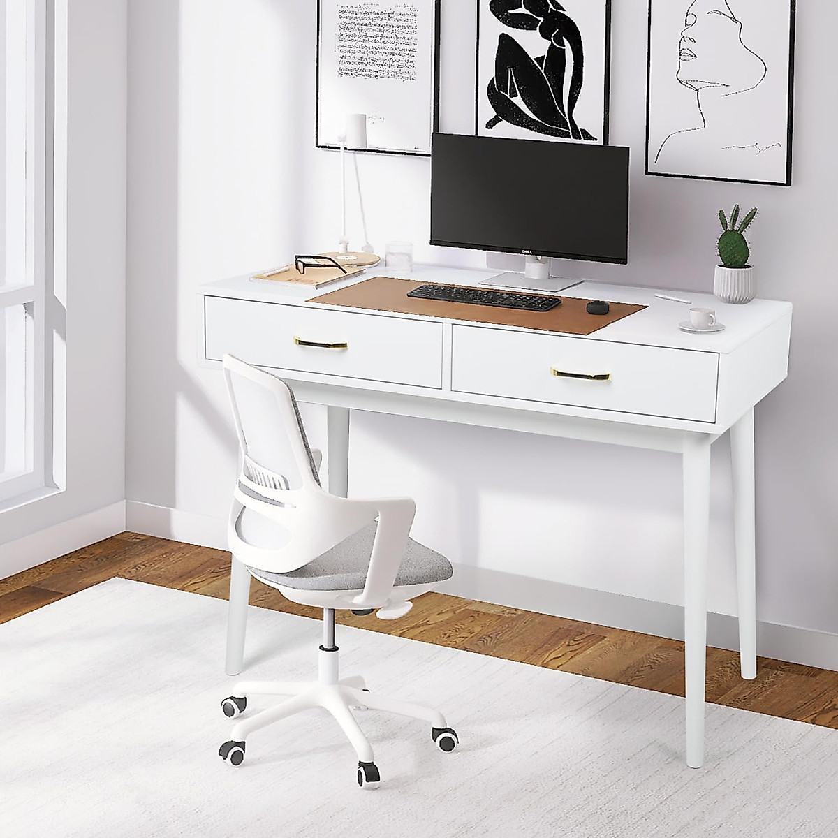 Rotihom Small White Desk with 2 Drawers, Modern Writing Desk for Small Spaces, Home Office Desk for Study, Laptop Computer Desk for Work, Makeup Vanity Table for Bedroom (White)