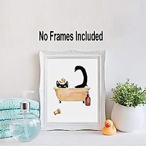 LHIUEM Black Cat Bathroom Decor, Funny Bathroom Wall Art, (Set of 4,8"X10",unframed) Modern Animals Kitty Pictures, Kitten Bathing Canvas Poster cat Lady Gifts for Women,Bathroom Set Decor