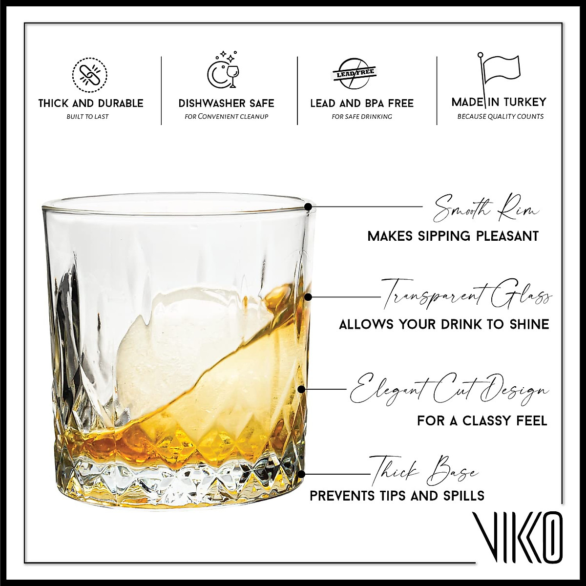 Vikko Whiskey Glasses, Set of 6 Old Fashioned Glasses, 11.25 Ounce Capacity, Elegant Design, Dishwasher Safe