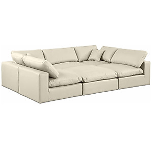 Meridian Furniture 188Cream-Sec6C Comfy Collection Modern | Contemporary Upholstered Modular Sectional, Soft Cream Vegan Leather, Fiber-Filled, 119" W x 79" D x 34.5" H, Cream