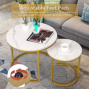 SMOOL Modern Nesting Coffee Table Set of 2 for Living Room Balcony Office, Round Wood Accent Side Coffee Tables with Sturdy Metal Frame, Easy Assembly(Marble)