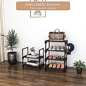 ROJASOP Shoe Rack Storage Organizer for Closet Entryway,16 Pairs 4-Tier Stackable Shoe Shelf for Hallway Bedroom Garage Dorm with Side Hooks Black Free standing Space Saving Shoe Tower