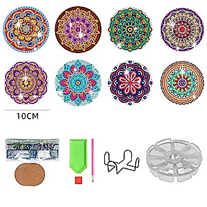 8Pcs DIY Mandala Diamond Painting Coasters Kits with Holder, Cork Mat and Diamond Storage Box, Suitable for Adults, Beginners and Kids Are Also Friendly, Great Home and Dining Room Decor