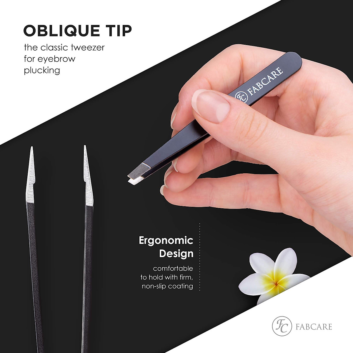 FABCARE Tweezers for plucking eyebrows with slanted tips, includes case, professional non-slip coating, high-quality tool for hair removal, suitable for men and women, precise and durable design.