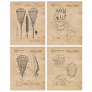 Vintage Lacrosse Gears Patent Prints, 4 (8x10) Unframed Photos, Wall Art Decor Gifts Under 20 for Home Office Studio Garage Shop School Gym College Student Teacher Coach National Team Championhip Fans
