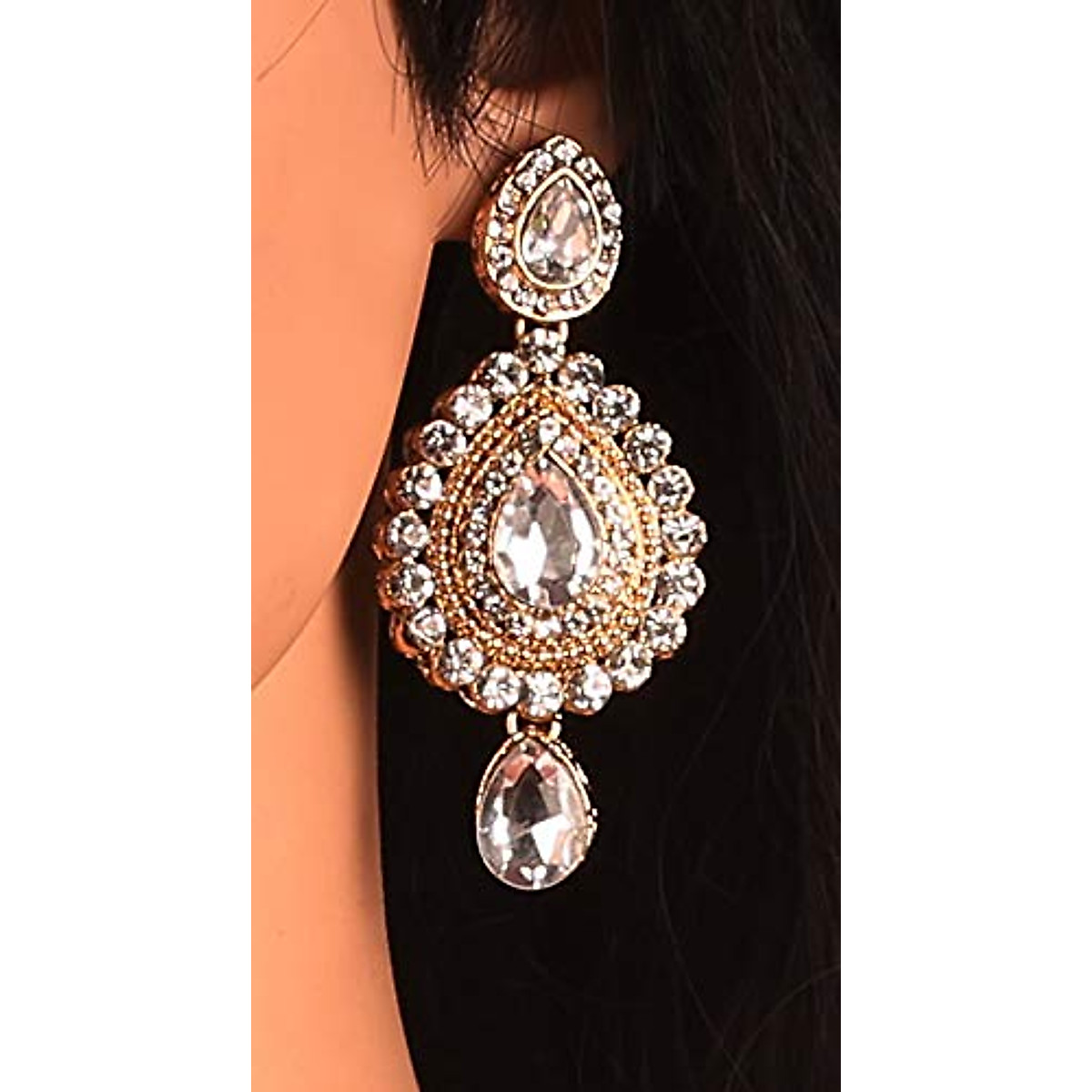 Touchstone Indian Bollywood Desire Contemporary Diamond Look White Rhinestone Designer Jewelry Chandelier Earrings In Antique Gold Tone For Women.