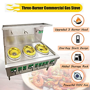 INTSUPERMAI Commercial Gas Wok Stove Commercial Upgraded Three-Burner Gas Stove 85300BTU LPG and Natural Gas Chamber Stove Stainless Steel Chinese Wok Range with Safe Baffle, 3 Stove Heads 110V