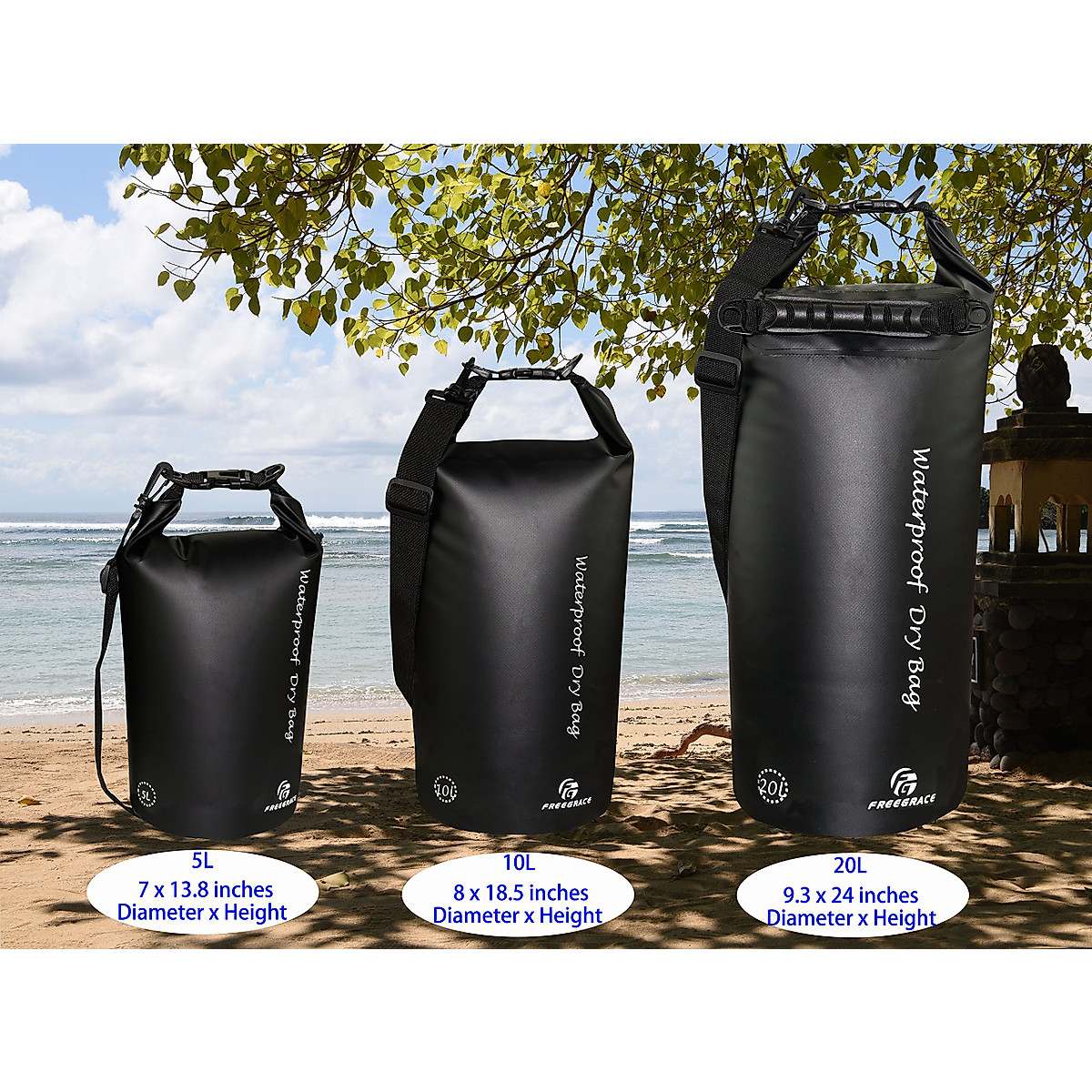 Freegrace Waterproof Dry Bags Set Of 3 Dry Bag With 2 Zip Lock Seals & Detachable Shoulder Strap, Waist Pouch & Phone Case - Can Be Submerged Into Water - For Swimming (Black, 10L)