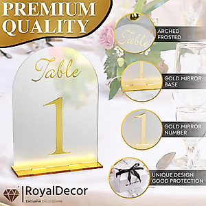 RoyalDecor's Frosted Arched Acrylic Table Numbers 1-20 with Gold Mirror Number and Stands - Perfect Wedding Table Decorations Accessories - Small Number Stand Centerpieces for Reception Tables - 5x7