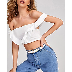 AWAYTR Women Reversible Leather Belt - Two-in-One Women Fashion Skinny Belt for Jeans with Golden Buckle (Brown/White,100cm)