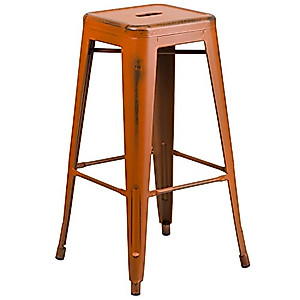 EMMA + OLIVER Commercial Grade 30" H Backless Distressed Orange Metal Indoor-Outdoor Barstool