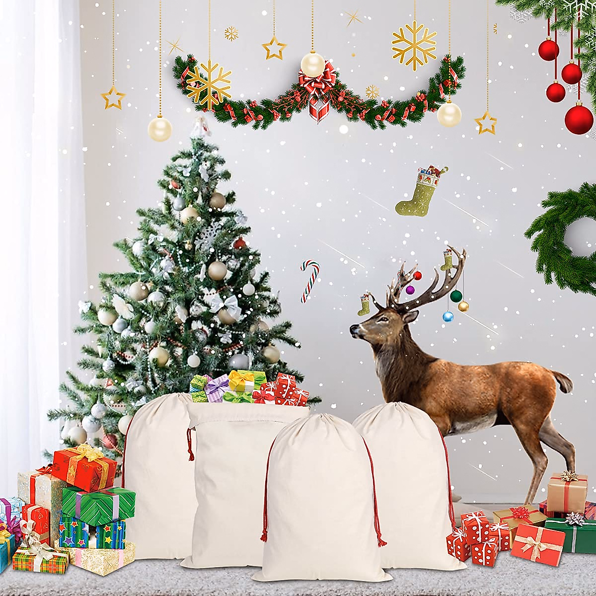 Inspireyee 6 Pack Large Christmas Bag Santa Sacks Xmas Canvas Cotton Xmas Sack Stocking with Drawstrings (Pattern 7, 19.5 X 27.5)