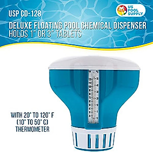 U.S. Pool Supply Large Pool Floating Chlorine Chemical Dispenser with 120° F Thermometer, 7" Diameter - Holds 3" Tablets - Adjustable Chemical Delivery Pool Maintenance Floater - Spa, Hot Tub