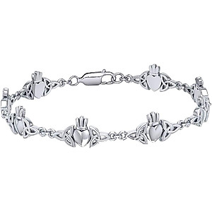 US Jewels 925 Sterling Silver Celtic Trinity Claddagh Symbol Link Bracelet, 7"