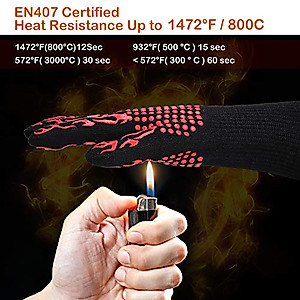 Tanmar BBQ Grill Gloves, 1472°F Extreme Heat Resistant Grilling Gloves Non-Slip Oven Mitts Potholder, Perfect for Barbecue, Cooking, Baking, Fireplace, Smoker - 1 Pair （Red）