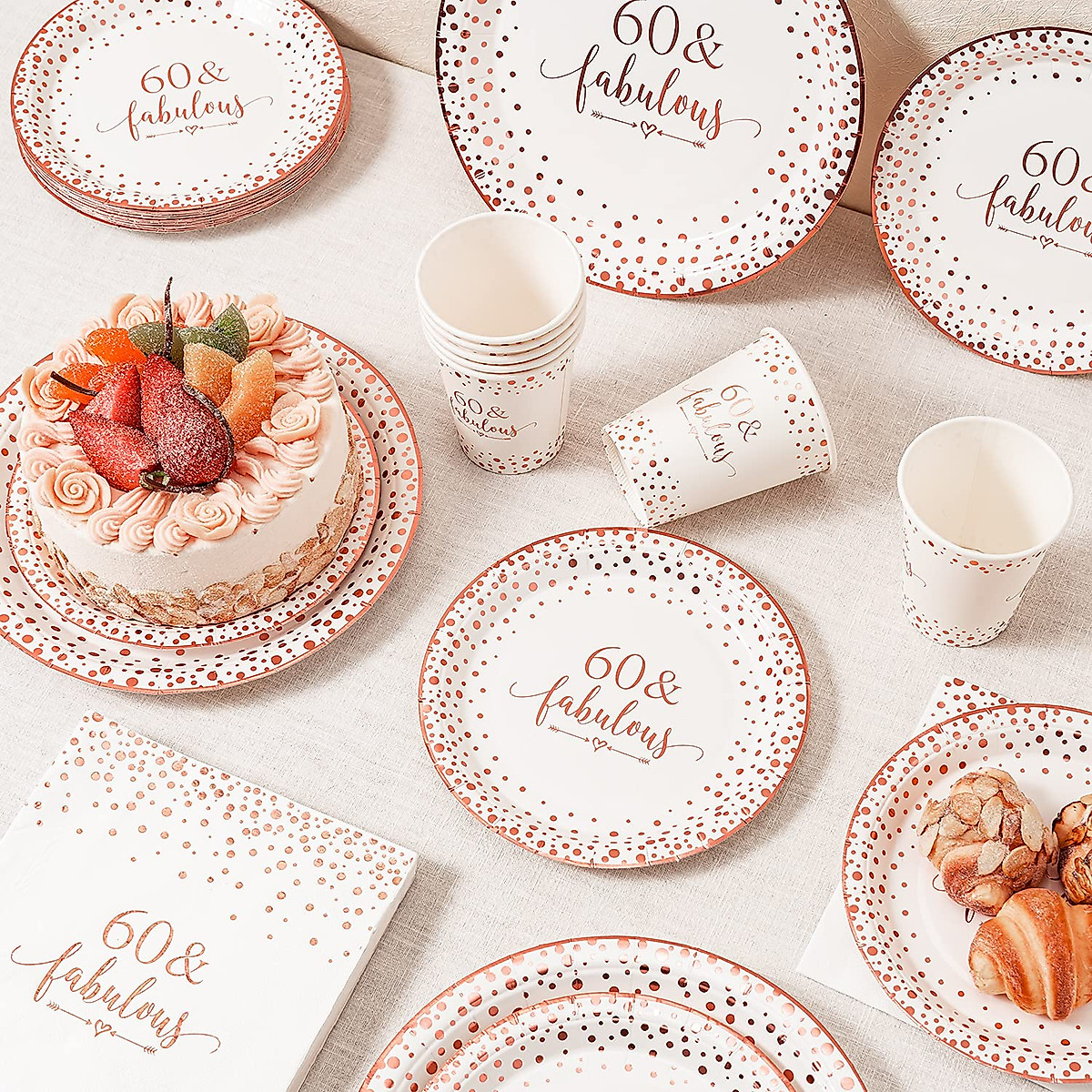 Crisky Rose Gold Foil 60 Fabulous Napkins Plates Cups Set for Women 60th Birthday Party Decorations Supplies, Disposable Tableware Set of 24 (9" Plates, 7" Plates, Luncheon Napkins, 9oz Cups)
