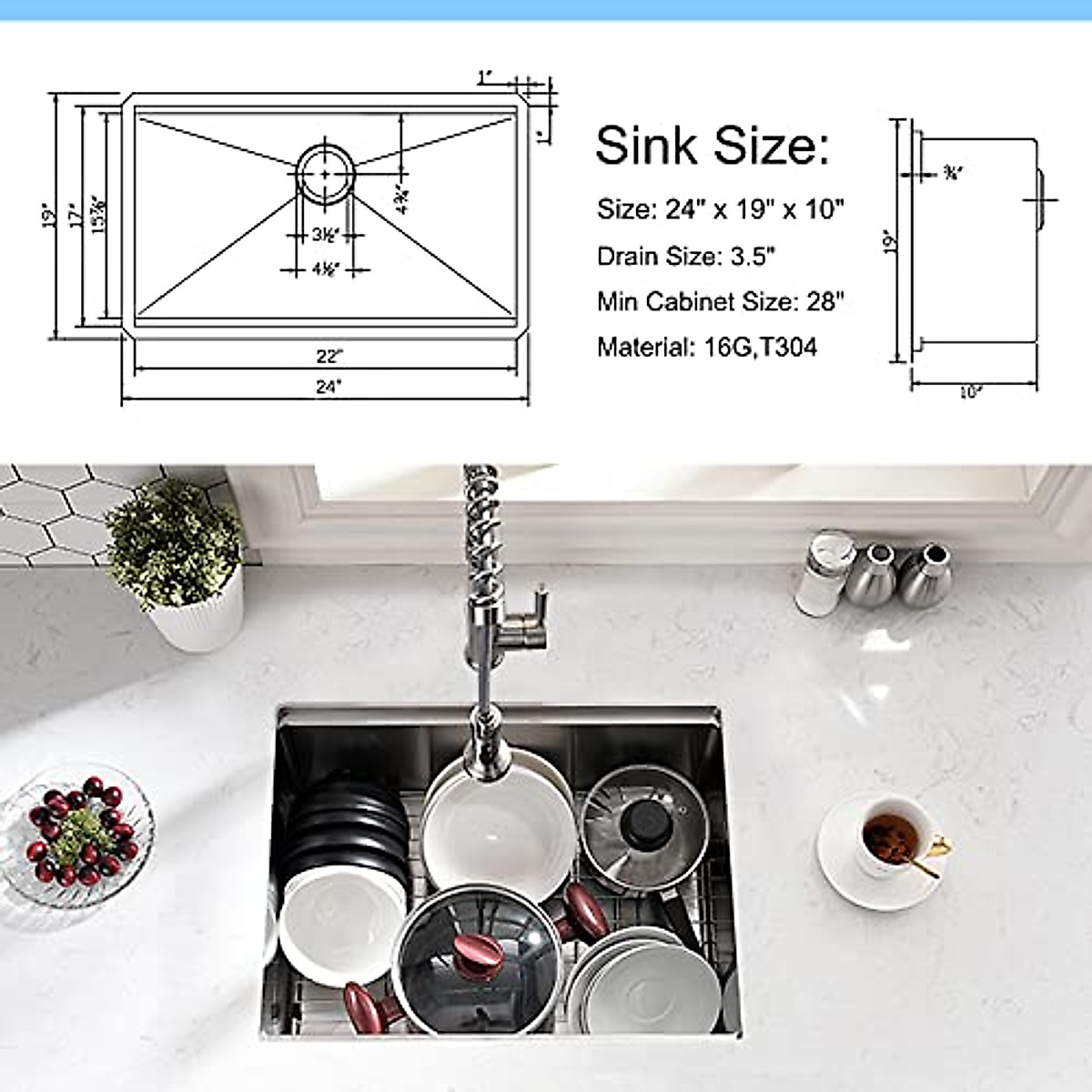 24 Inch Undermount Kitchen Sink, BoomHoze 24 x 19 Inch Stainless Steel Undermount Workstation Sink 16 Gauge Single Bowl Kitchen Sink Deep Bar Prep Sink with Accessories