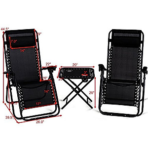 Giantex 3 PCS Zero Gravity Chair Patio Chaise Lounge Chairs Outdoor Yard Pool Recliner Folding Lounge Table Chair Set (Black)